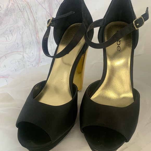 bebe | Shoes | Bebe Satin Black Platform Shoes With Golden Five And A ...